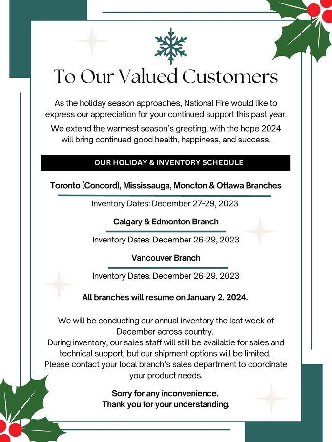 2023 Holiday & Inventory Schedule